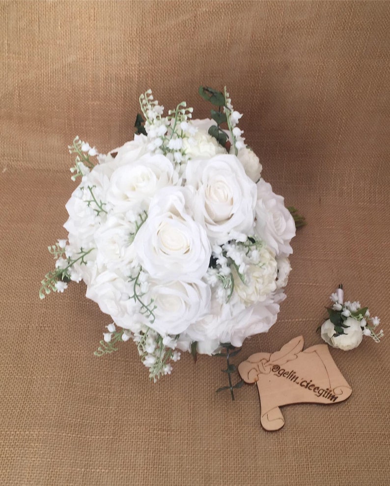 White Rose Bridal Bouquet Rustic Boho Flower Bouquet With - Etsy