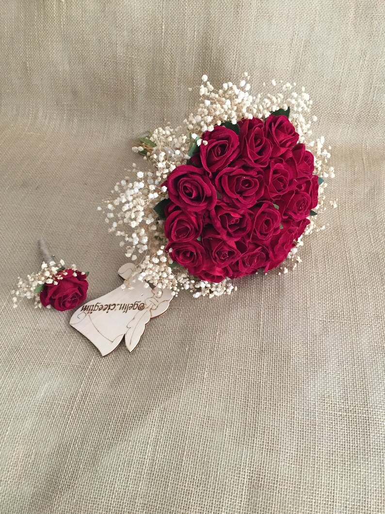 Red Rose Bridal Bouquet, White Rose Bridal Bouquet, Rustic Boho Flower ...