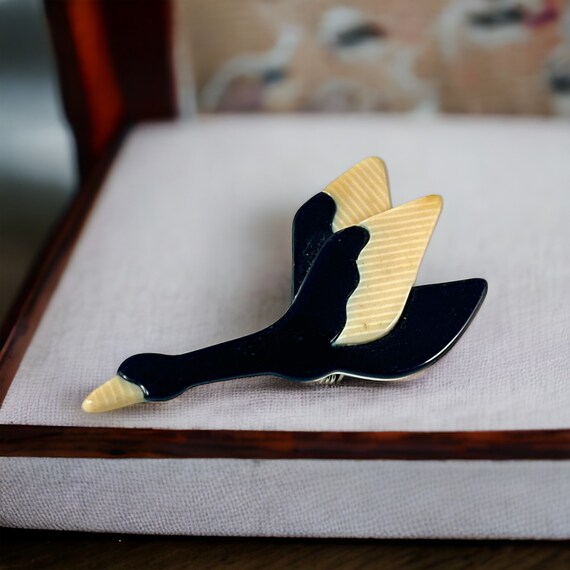 Vintage Lea Stein Flying Goose Brooch | Black & Cream… - Gem