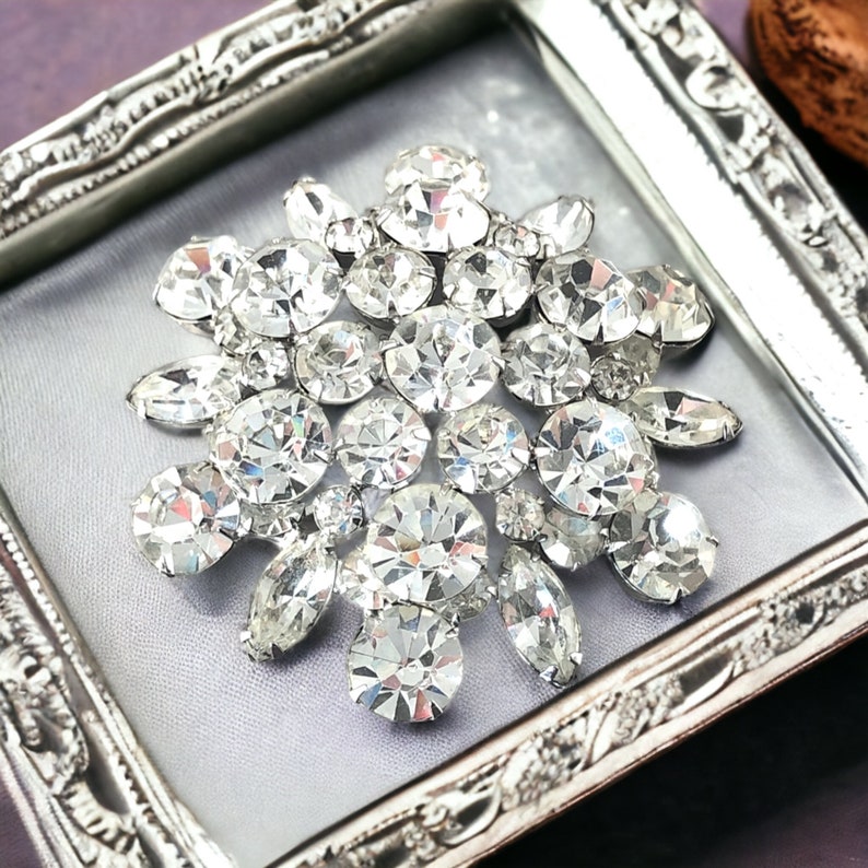 Vintage Weiss Style Large Floral Round Brooch, Clear Rhinestones ...