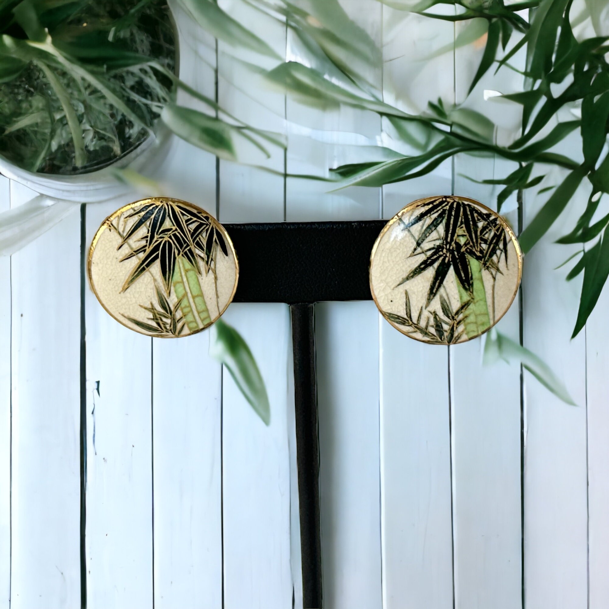 Antique Satsuma Button Screw Back Earrings - Early 1900s - Bamboo Motif ...