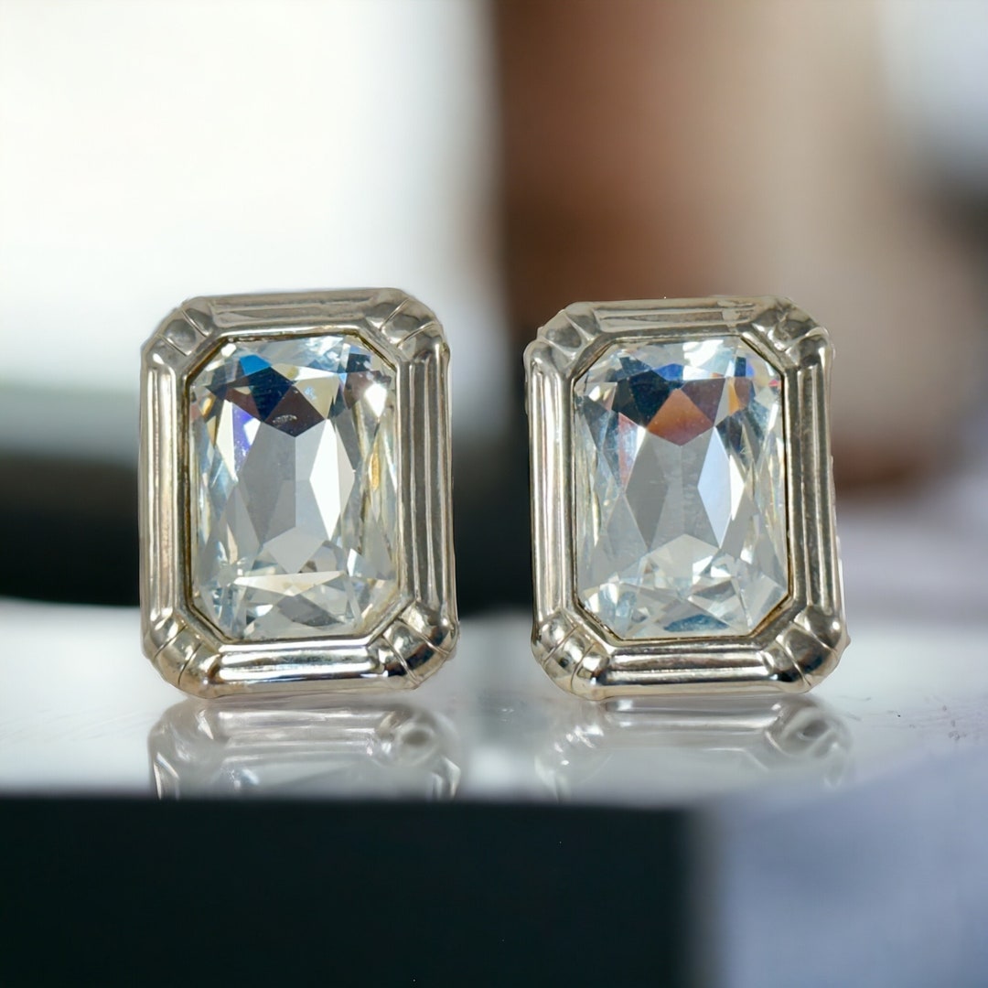 Vintage SAL Swarovski Crystal Clip on Earrings: Silver Tone Statement ...