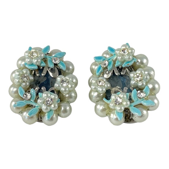 Vintage 1950s Faux Pearls & Blue Floral Ornate Pendan… - Gem