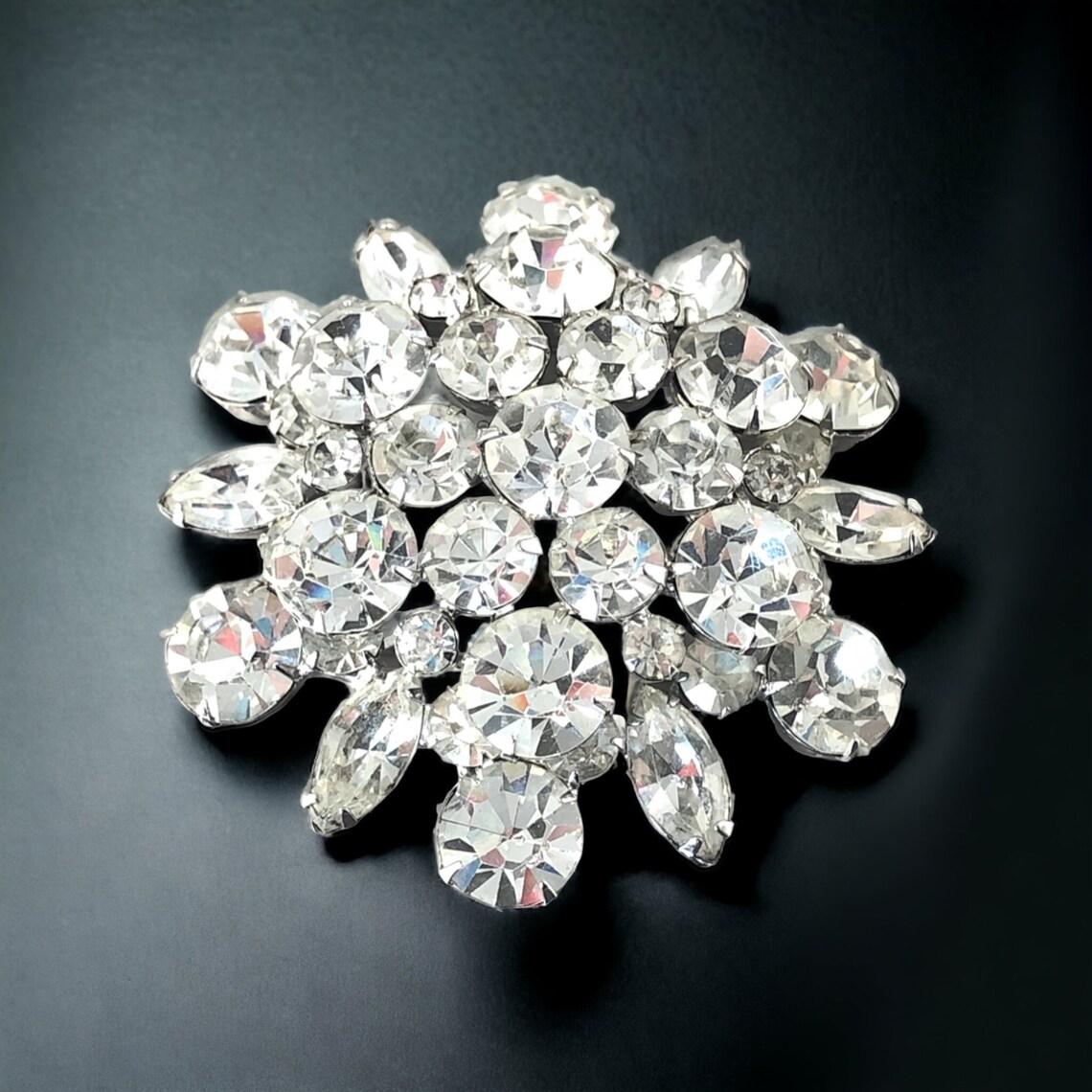 Vintage Weiss Style Large Floral Round Brooch, Clear Rhinestones ...