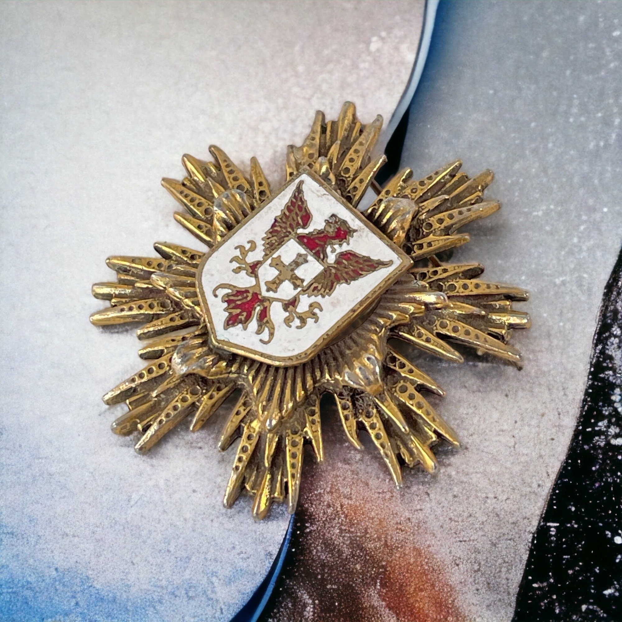 Vintage Enamel Heraldic Shield Sunburst Gold Tone Brooch, Mid-century ...