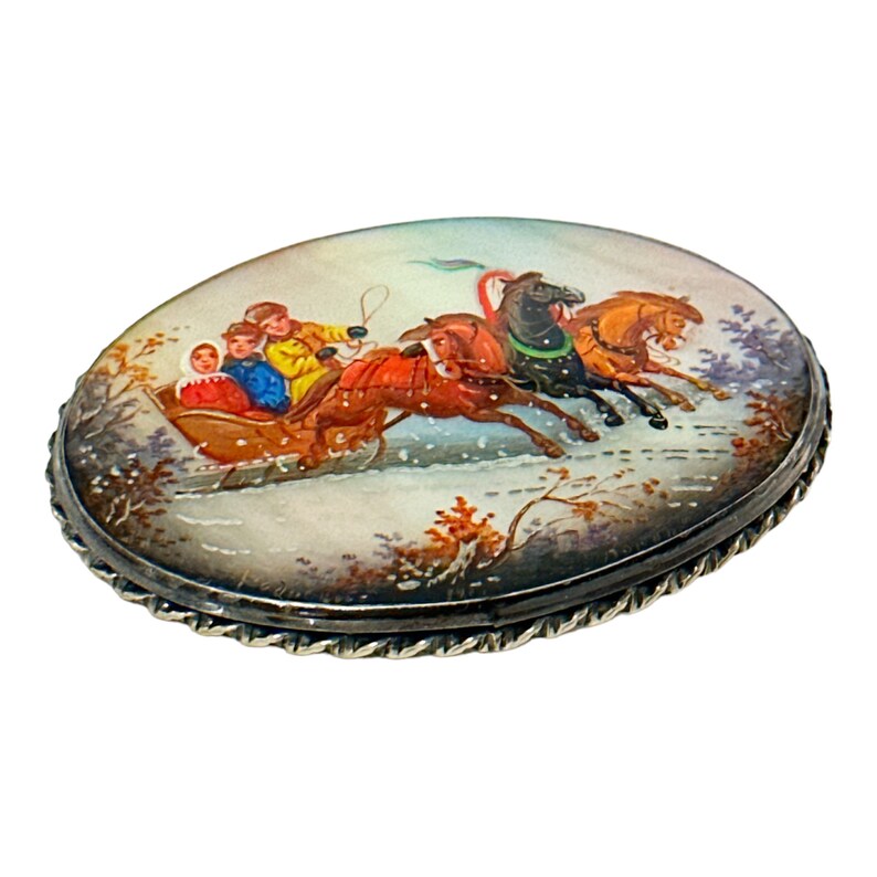 Vintage Russian Fedoskino Miniature Brooch Hand Painted on Mother of ...