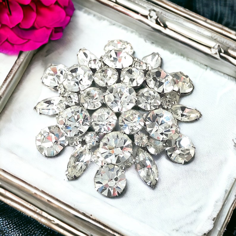 Vintage Weiss Style Large Floral Round Brooch, Clear Rhinestones ...