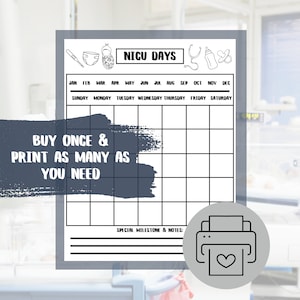 NICU Days Printable Monthly Calendar Neonatal Intensive Care Unit ...