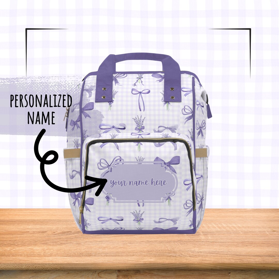 Personalized Name Diaper Bag Backpack Coquette Purple Lavender Ribbons ...