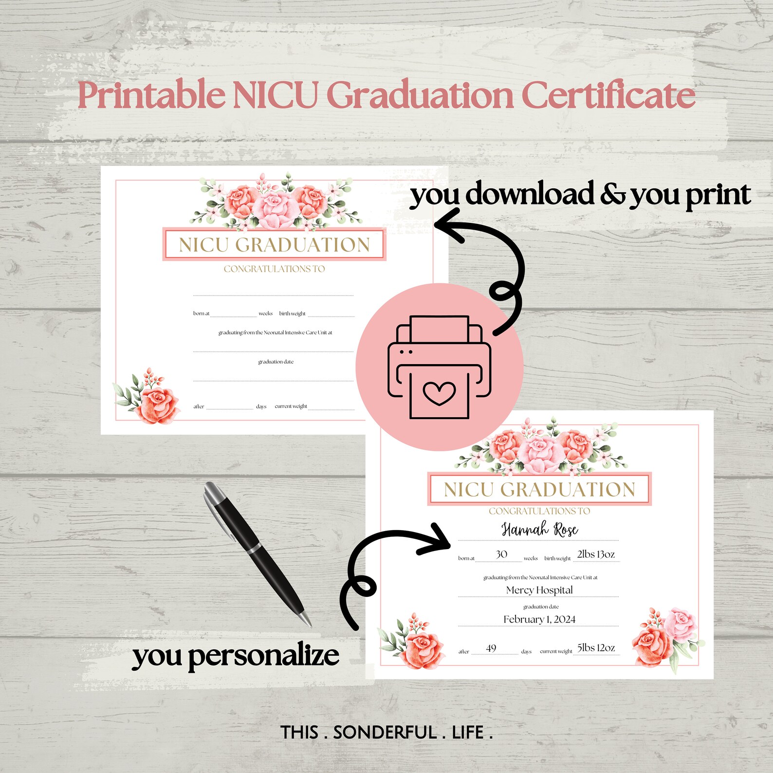 Personalized NICU Graduation Certificate Pink Roses Sign Neonatal ...