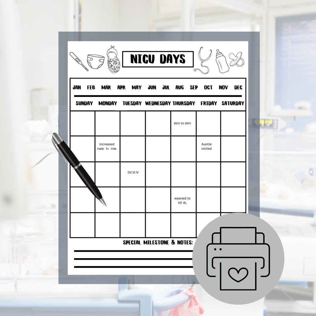 NICU Days Printable Monthly Calendar Neonatal Intensive Care Unit ...