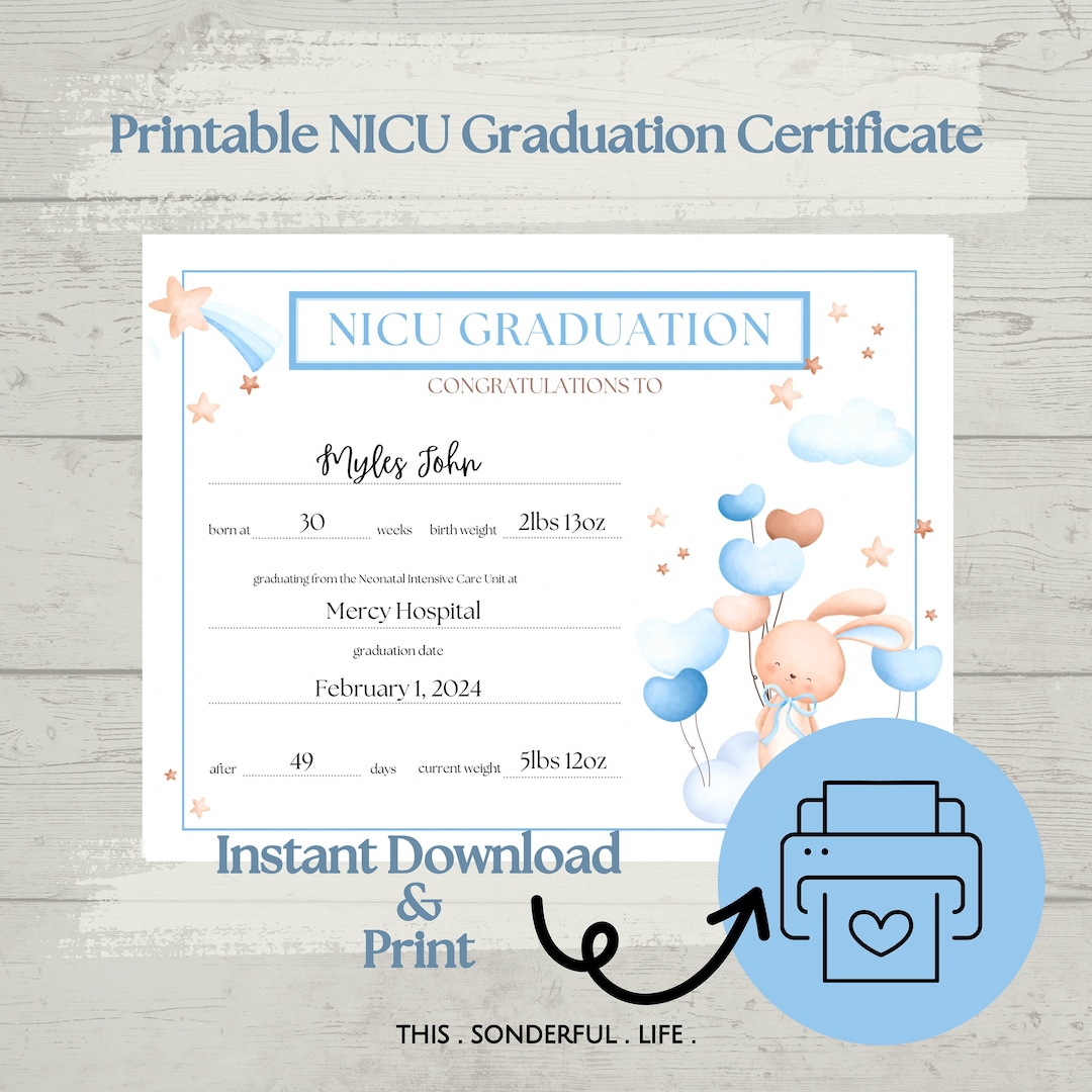 Personalized NICU Graduation Certificate Blue Boy Sign Neonatal ...