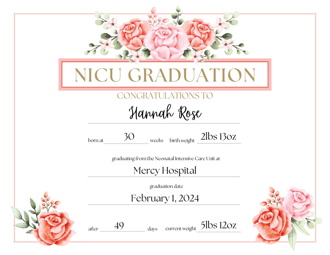 Personalized NICU Graduation Certificate Pink Roses Sign Neonatal ...