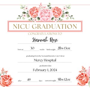 Personalized NICU Graduation Certificate Pink Roses Sign Neonatal ...