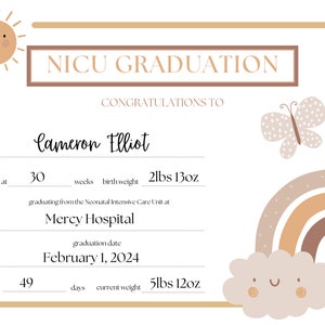 Personalized NICU Graduation Certificate Boho Sign Neonatal Intensive ...