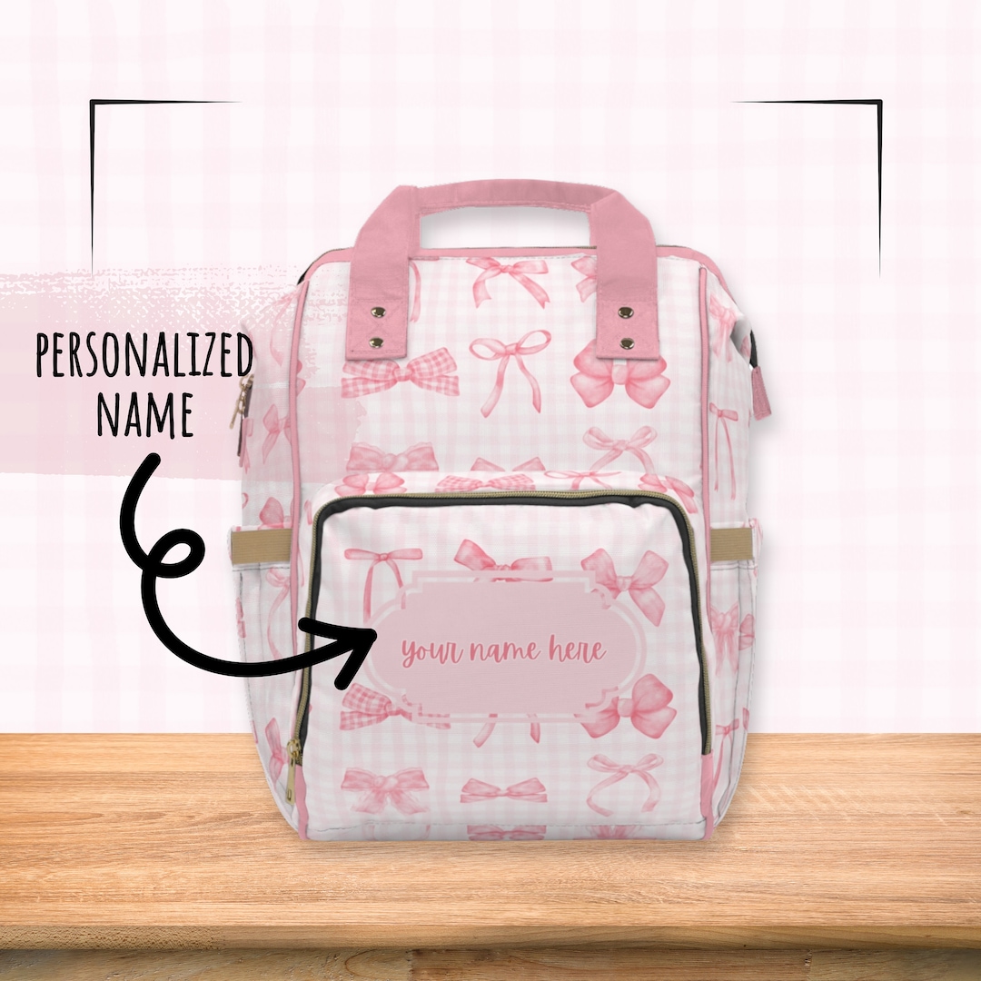Personalized Name Baby Diaper Backpack Bag Coquette Pink Ribbon Bows ...