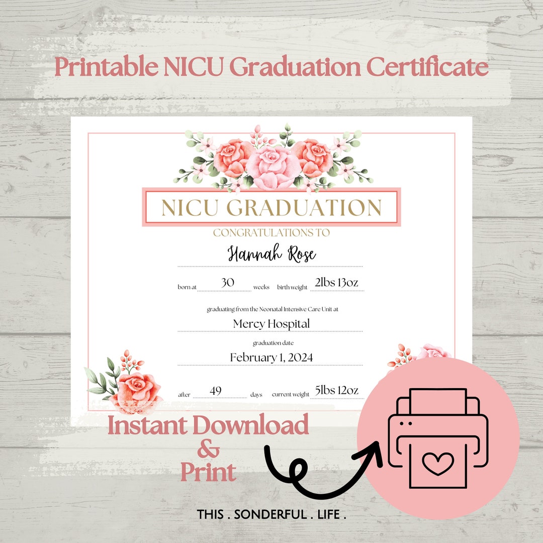Personalized NICU Graduation Certificate Pink Roses Sign Neonatal ...