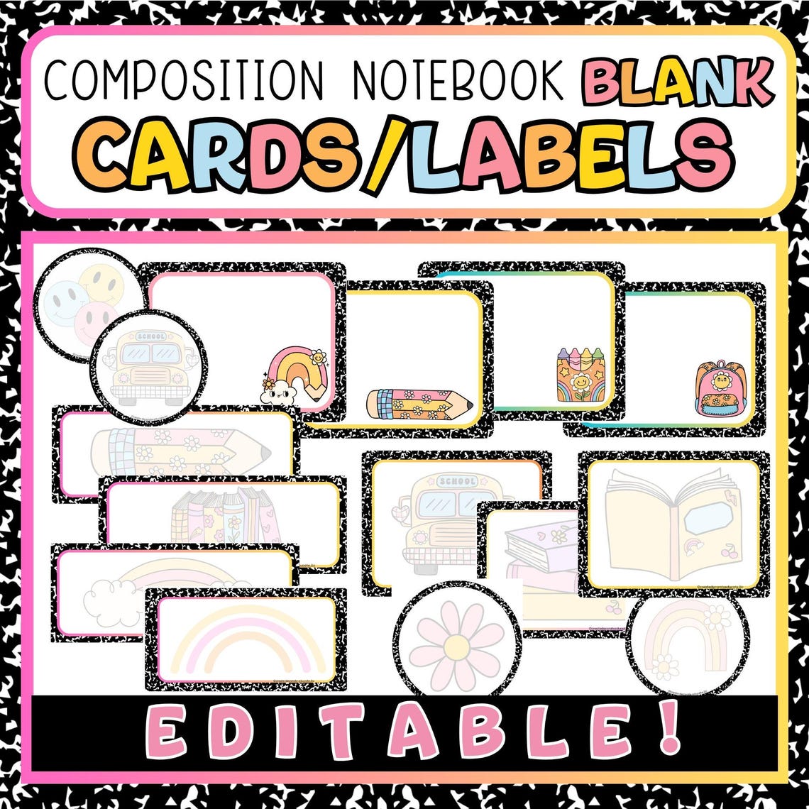 Composition Book Themed Classroom | Editable Name Cards | Custom Blank Labels | Name/locker Tags ...