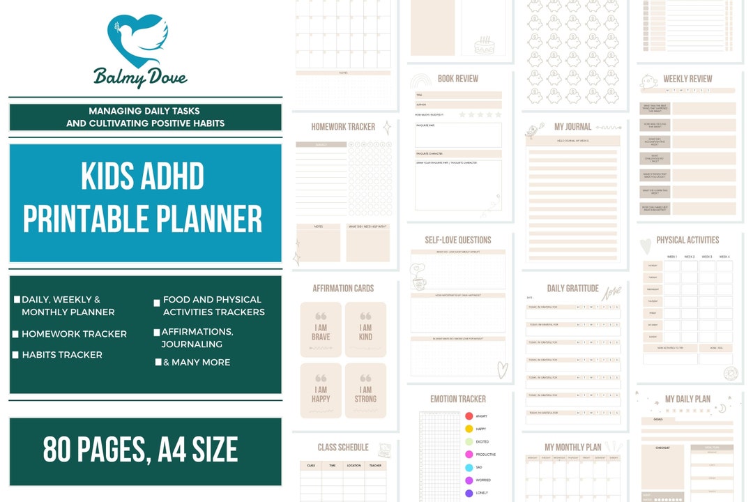 Kids ADHD Printable Planner: 80 Pages of Organisational Tools ...