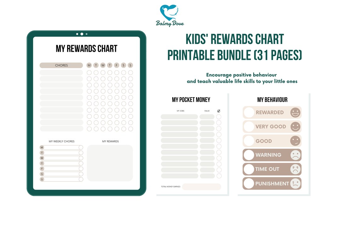 Kids' Rewards Chart | Printable Bundle 31 Pages | Daily Tasks, Screen ...