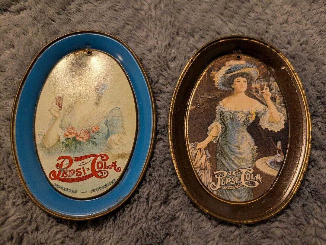Vintage Lot 2 Metal Tin Oval Pepsi Cola Mini Trays 6" Victorian Style ...