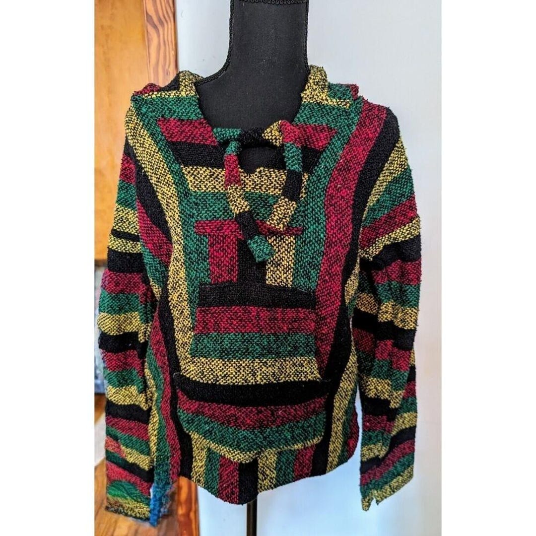 Artesania Mickey Vintage Mexican Rasta Woven Poncho Hoodie Baja Size ...
