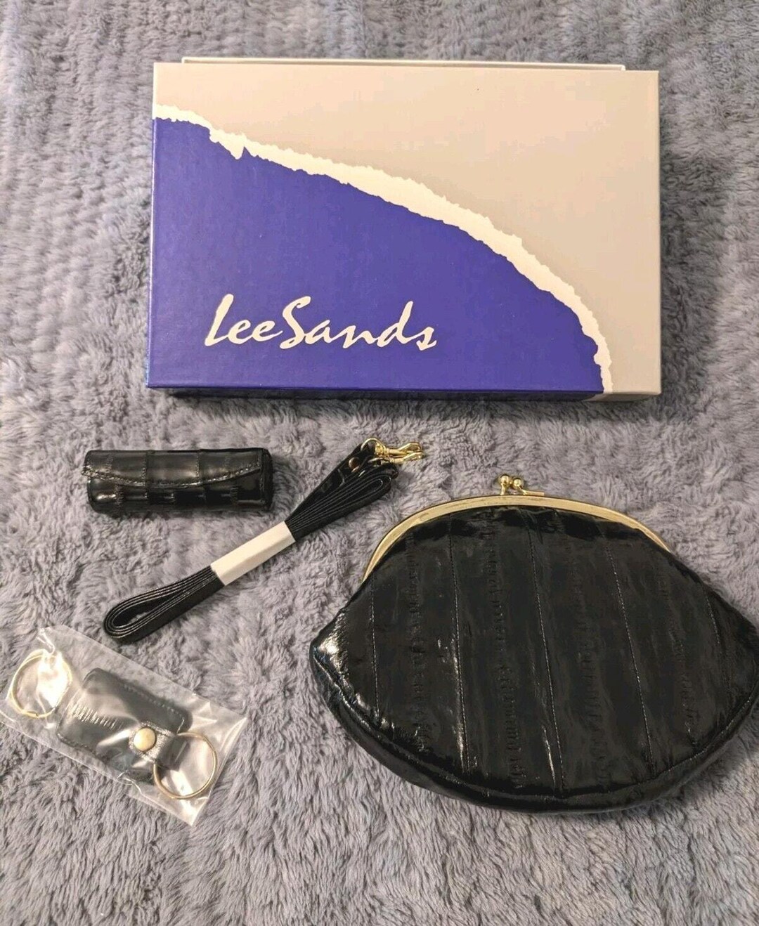 Vintage NIB Lee Sands Black Double Kiss Clutch Set Eel Skin Purse Key ...