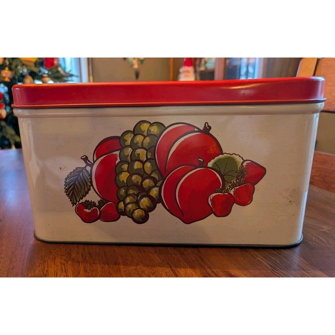 Decoware Ballonoff Metal 1940s Bread Box Fruit Motif Hinged Red Lid ...