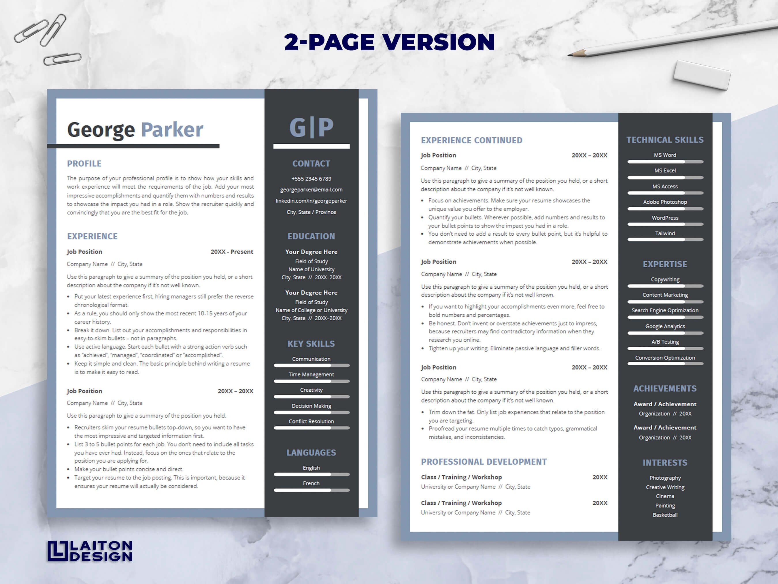 Modern Resume Template for Word 1 & 2 Page Resume/cv Cover Letter ...