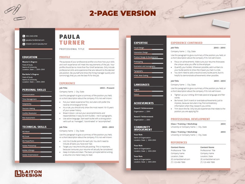 Modern Resume Template for Word | 1 & 2 Page Resume, Cover Letter and ...