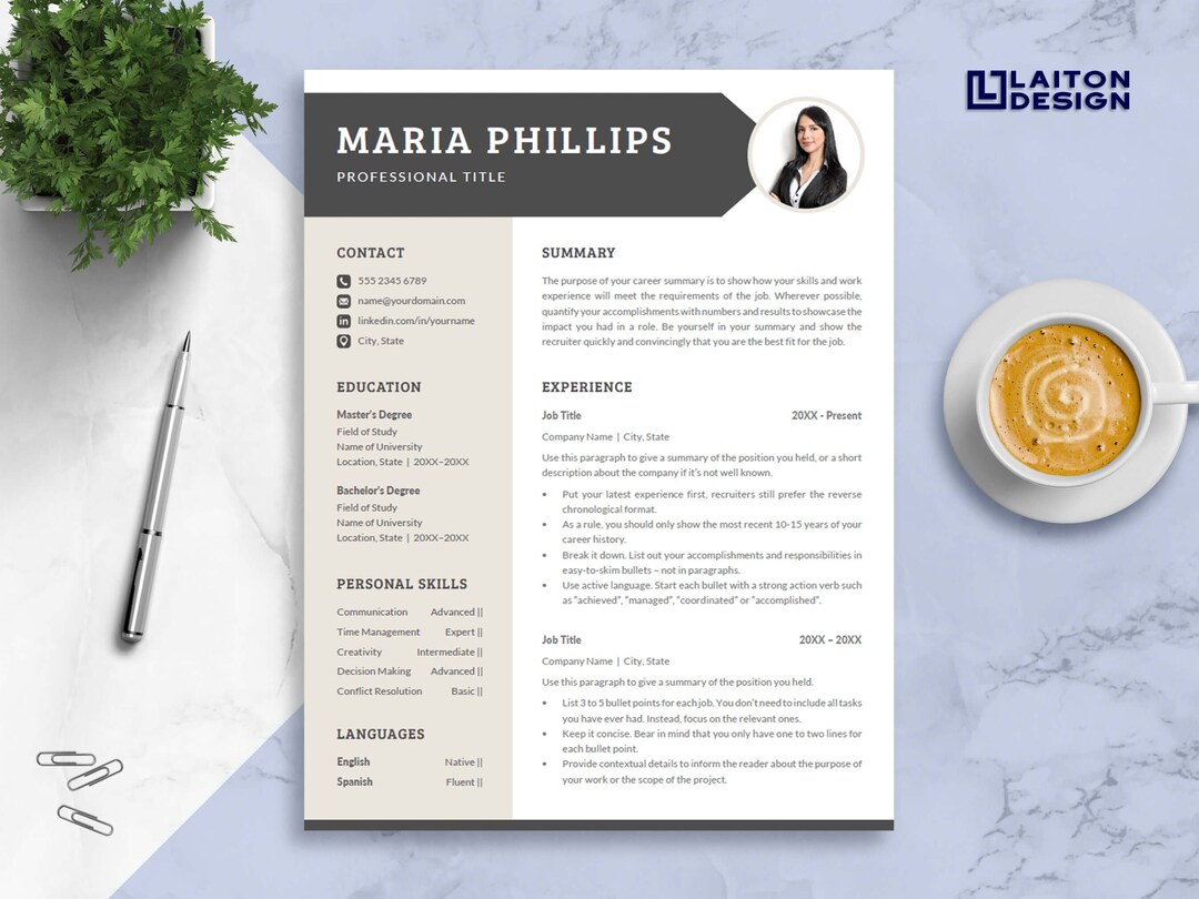 Resume Template With Photo | 1 & 2 Page Resume, Cover Letter and ...