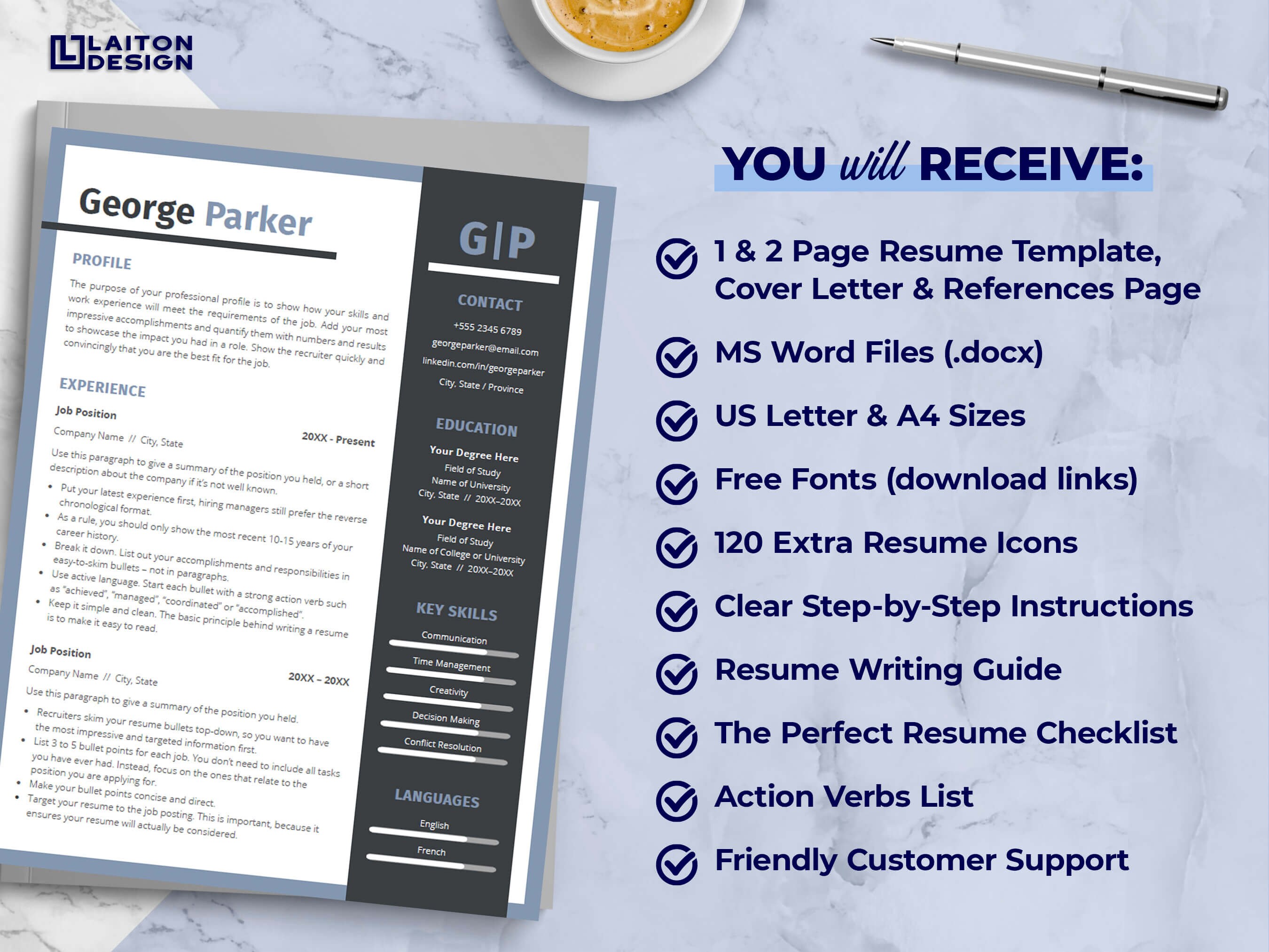 Modern Resume Template for Word 1 & 2 Page Resume/cv Cover Letter ...