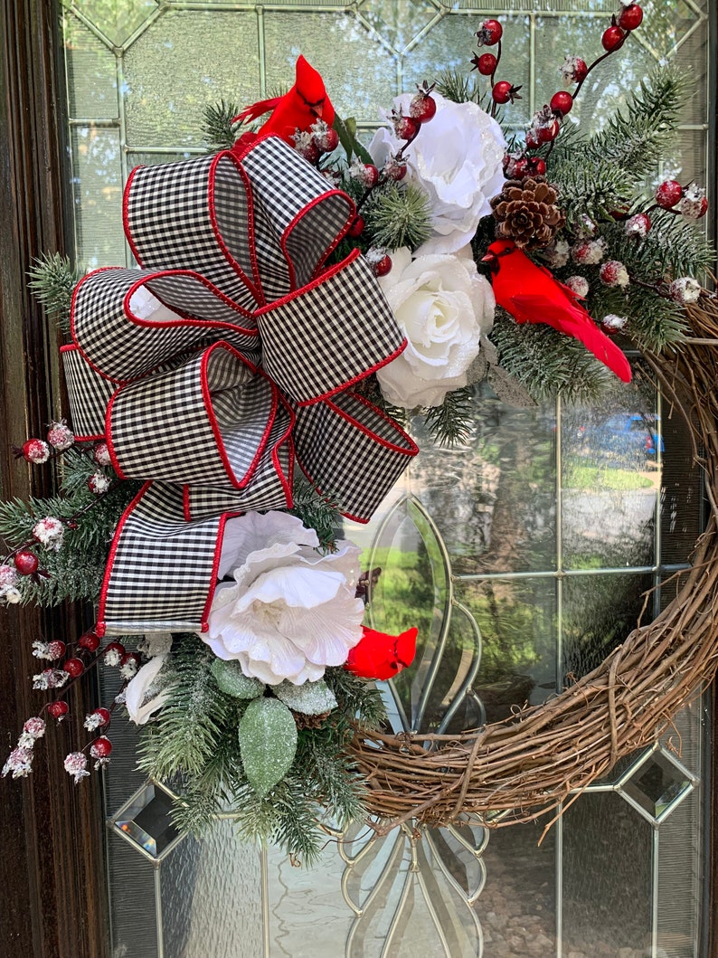 Cardinal Bird Wreath, Winter Wreath, Cardinal Bird Decor, White and Red ...