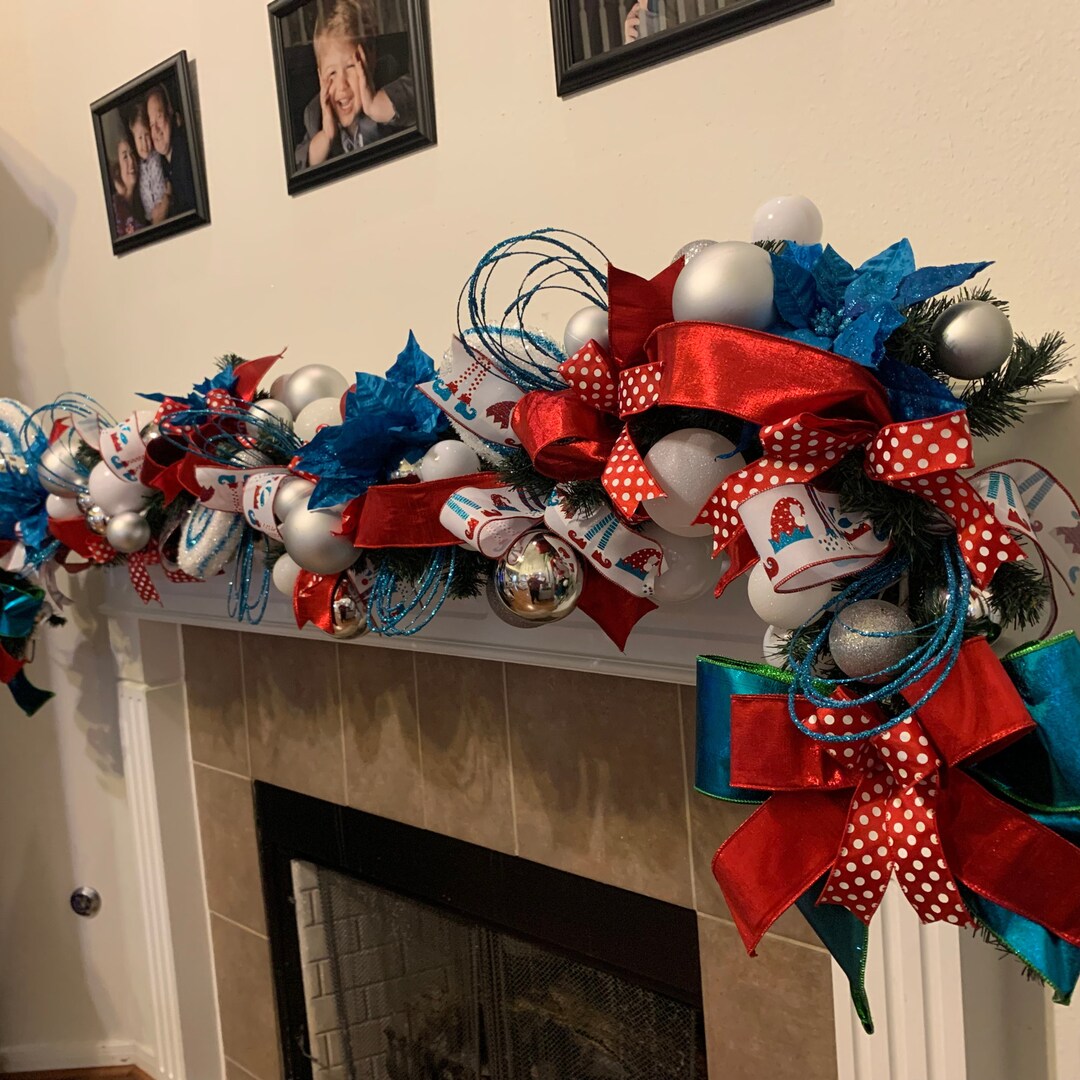 Christmas Elf Garland, Blue and Red Garland, Mantel Decorations, Elf ...