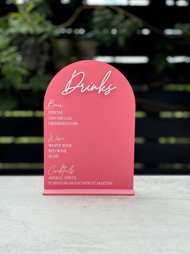 Personalized A5 Arch Acrylic Drinks Menu: UV Printed Wedding Bar Sign ...