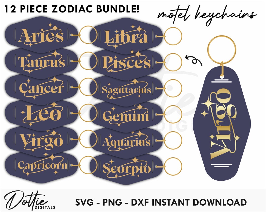 ZODIAC Motel Keychain BUNDLE Svg Files Star Signs Retro Hotel Keyring ...