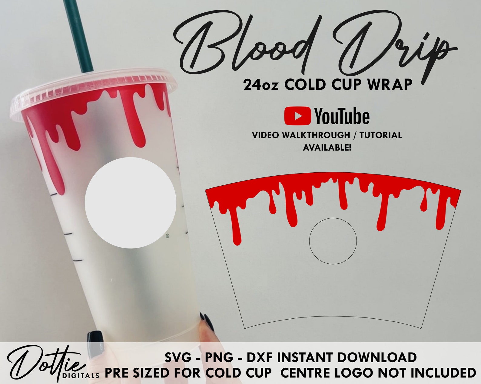Spooky Cup SVG PNG DXF Blood Drip Halloween Cutting File 24oz Venti Cup ...