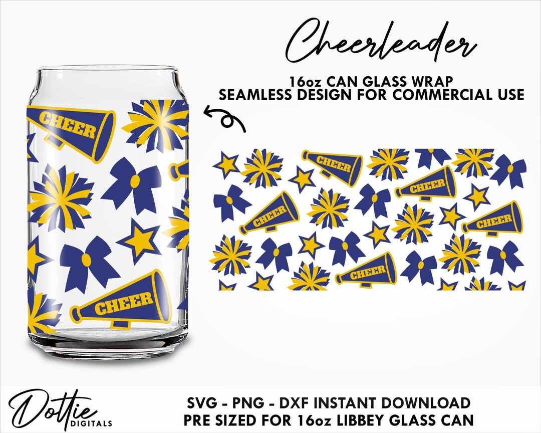 Cheerleader 16 Oz Glass Can Cutfile SVG PNG DXF Cheer Sport Bow Pompoms ...