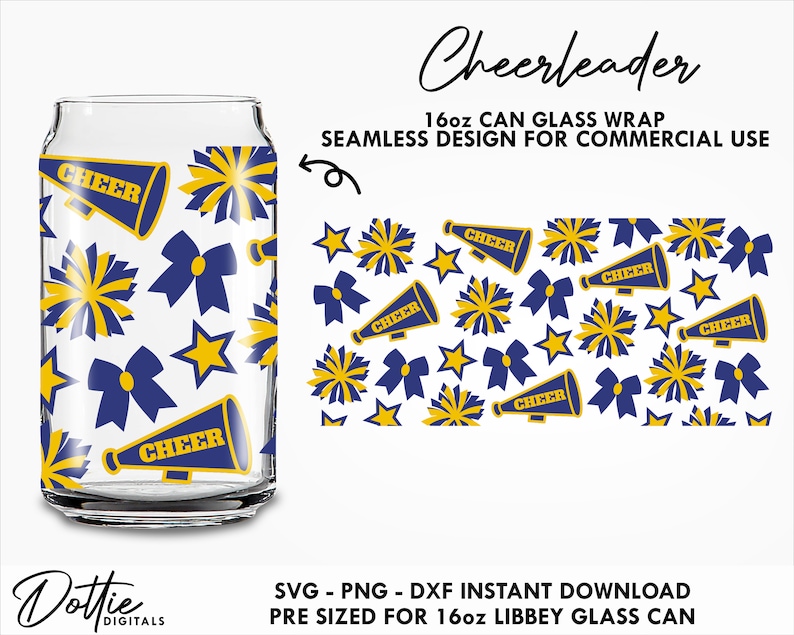 Cheerleader 16 Oz Glass Can Cutfile SVG PNG DXF Cheer Sport Bow Pompoms ...