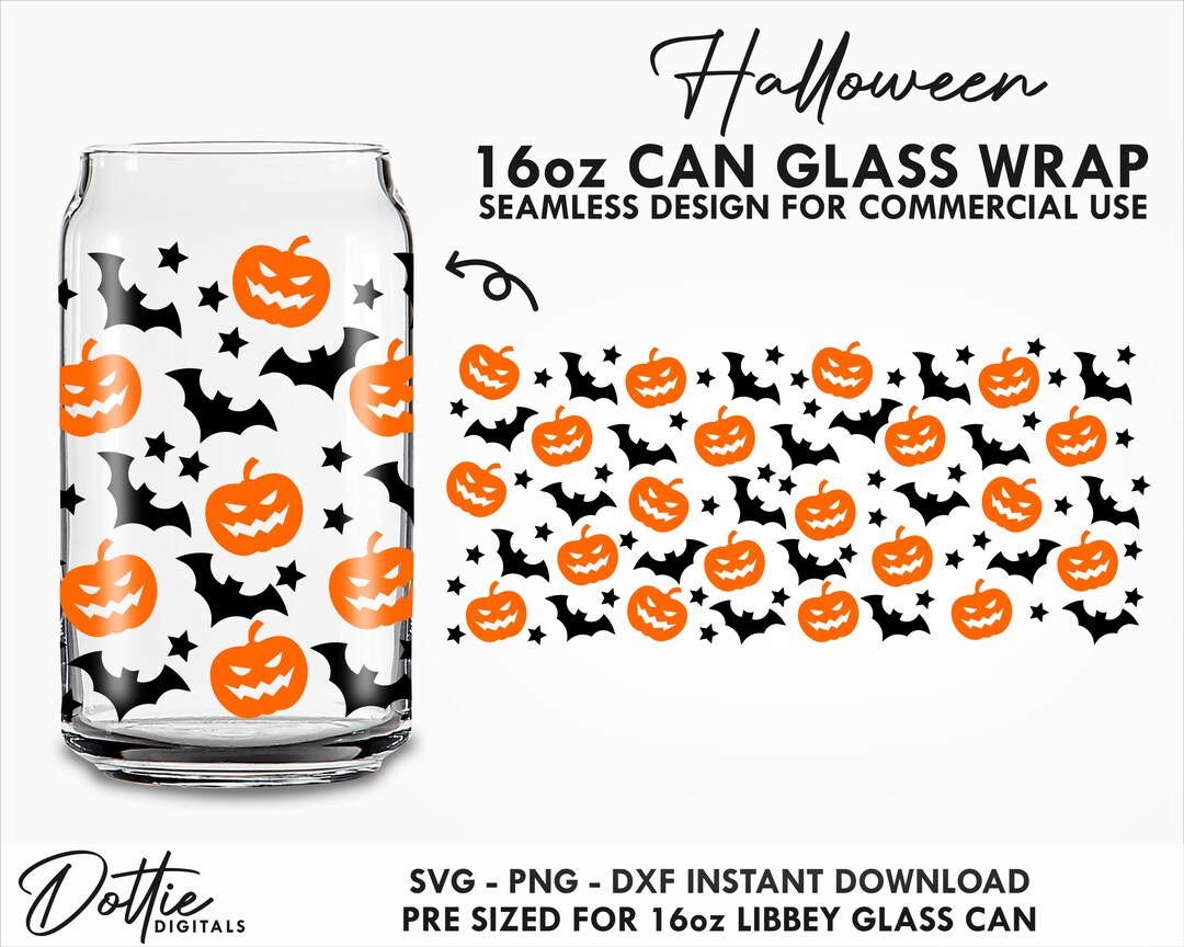 Halloween Pumpkin and Bats Glass Wrap SVG Festive 16oz Can Svg PNG DXF ...