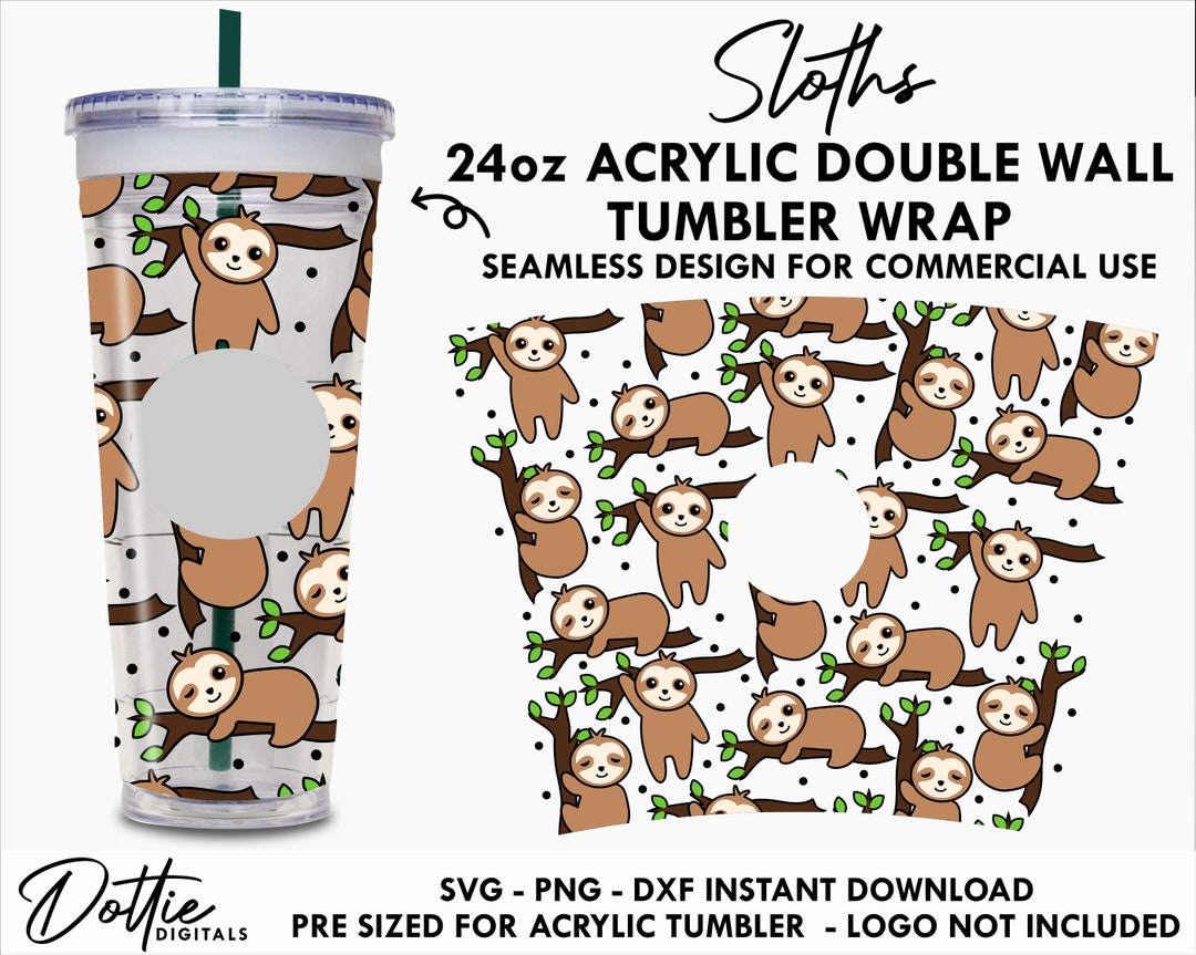 Sloths Sbux 24oz Sleepy Animal Sloth Acrylic Tumbler SVG PNG DXF Double ...