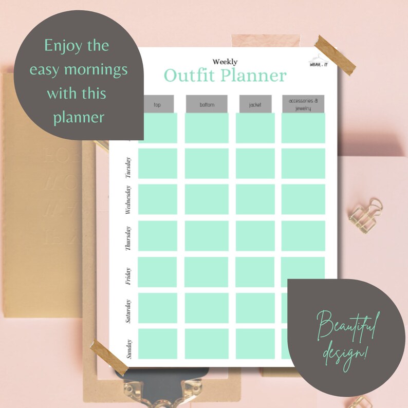 Weekly Outfit Planner Printable Sheet A4 PDF for Traveling Work ...