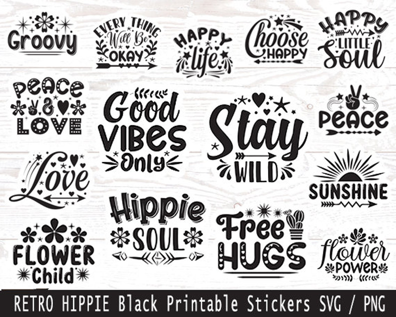 Retro Svg Digital Stickers Bundle Boho Stickers Trendy Svg - Etsy