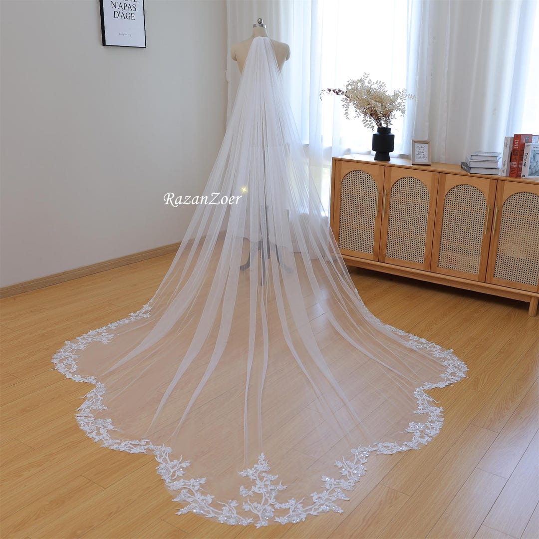 Ivory Leaf Lace Wedding Veil Cathedral,sequined Lace Veil,fairy Bridal ...