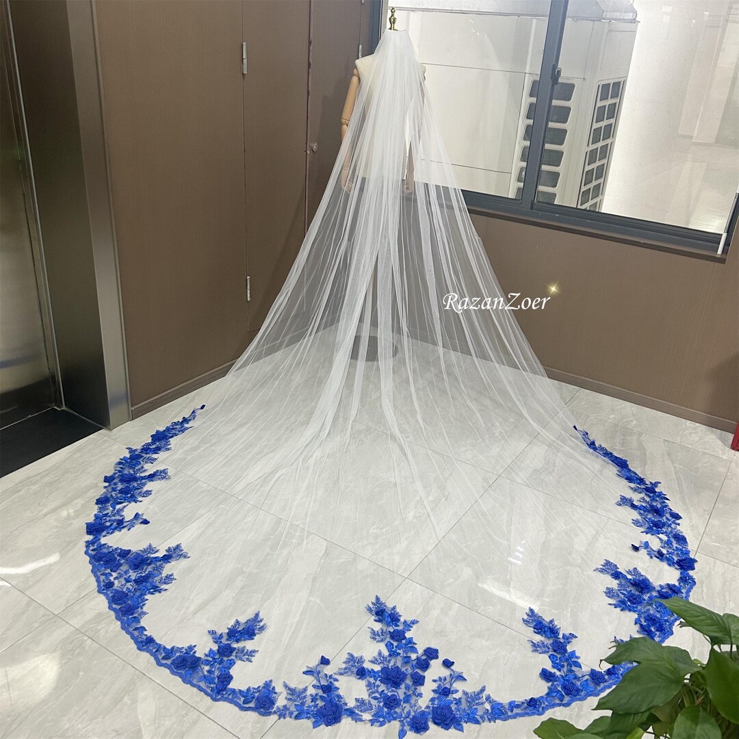 Royal Blue 3d Floral Lace Veil Circle Lace Trim Wedding Veil, Round ...