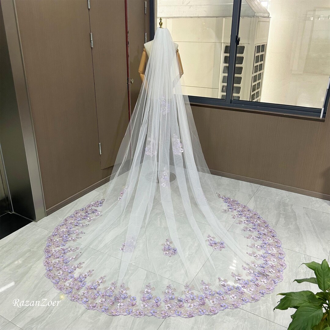 Iris Blue Lace Veil, Handmade Wedding Veil With Pearl Details ...