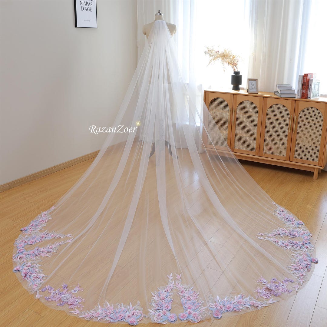 Purple Pink Flower Lace Wedding Veil Exquisite Crystal Tulle Lace Veil ...