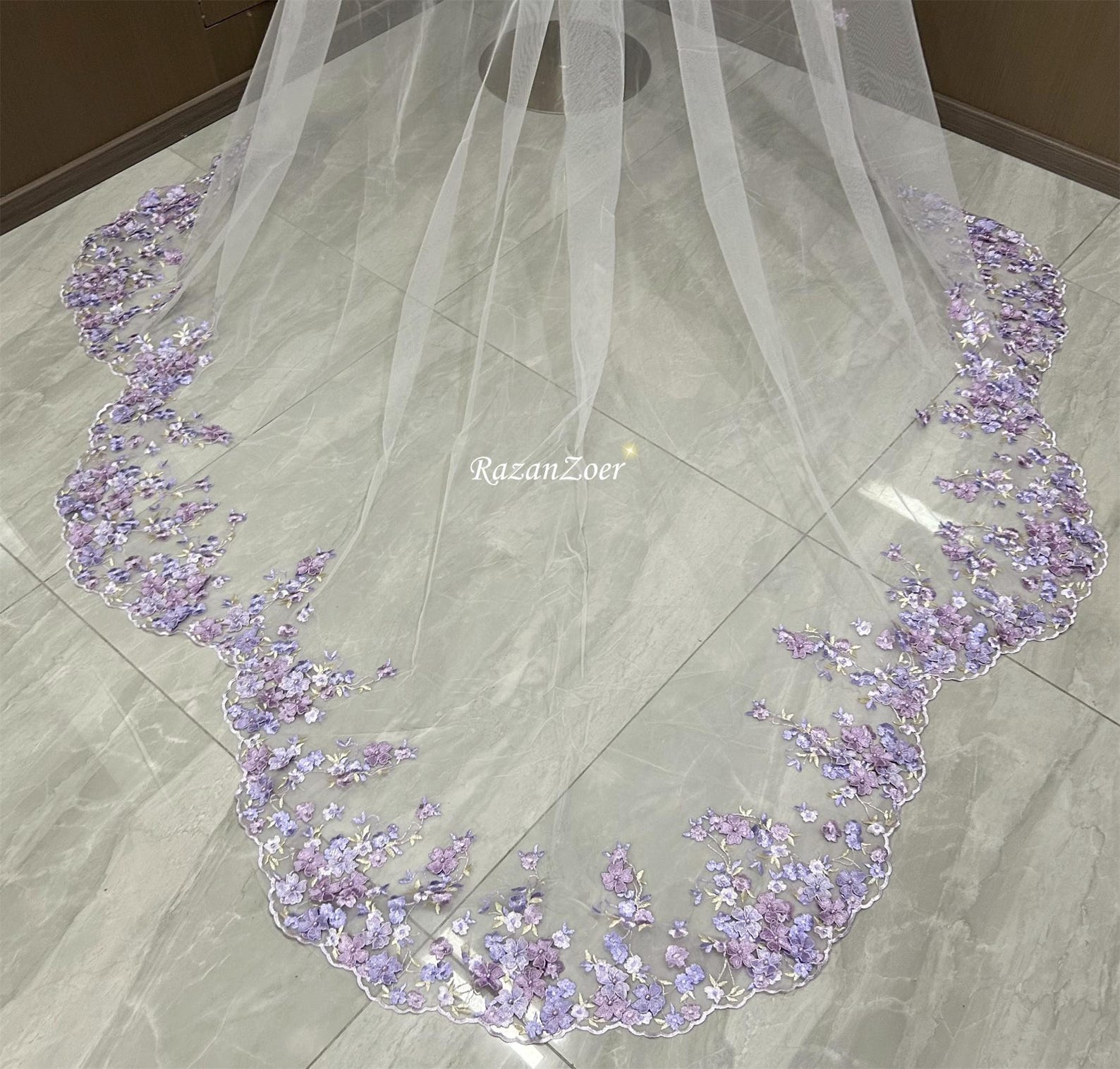 Exquisite Purple Violet Floral Lace Veil, Pearl Flower Wedding Veil ...