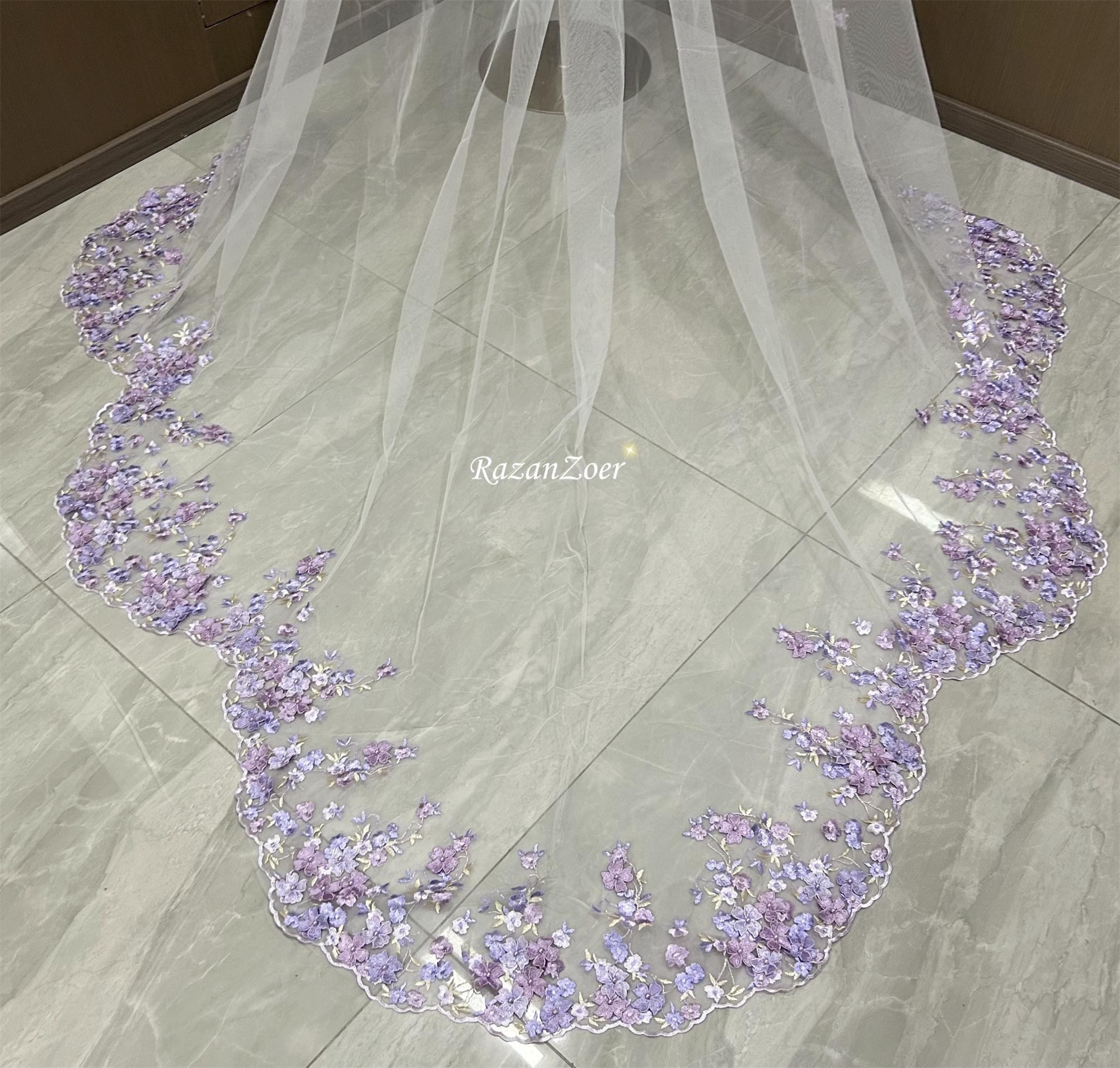 Exquisite Purple Violet Floral Lace Veil, Pearl Flower Wedding Veil ...