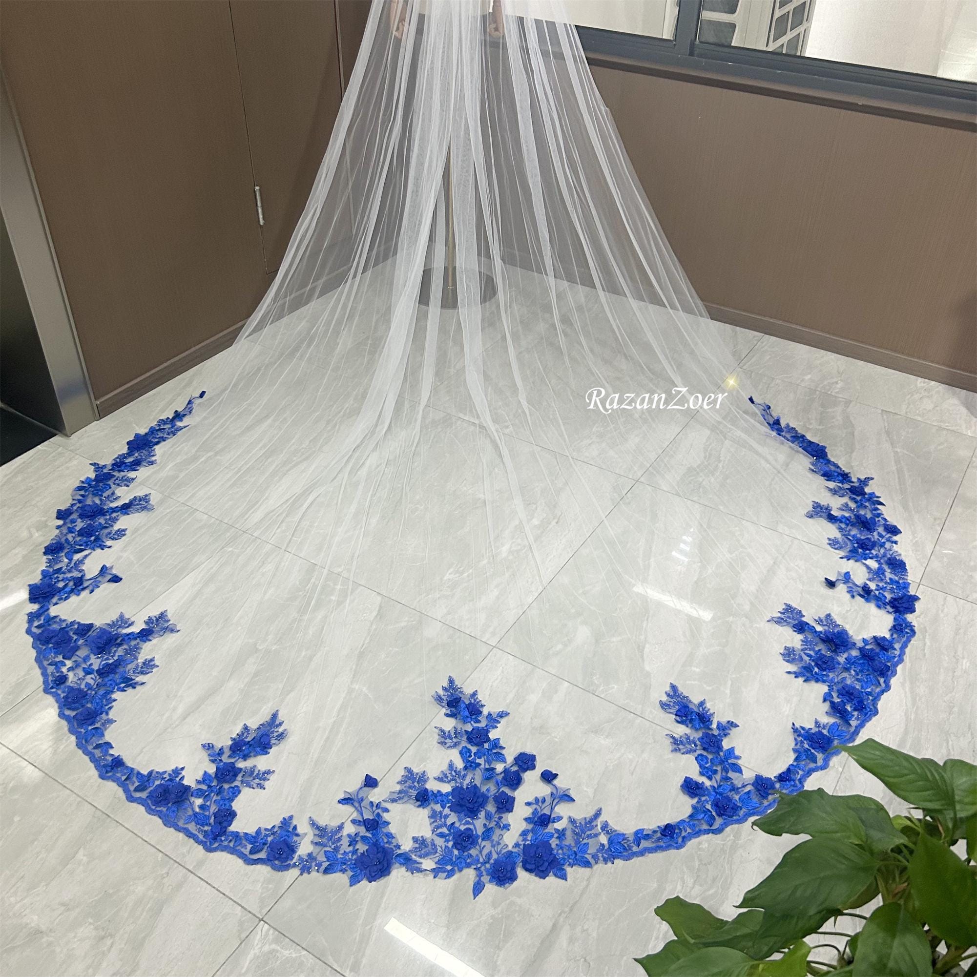 Royal Blue 3d Floral Lace Veil Circle Lace Trim Wedding Veil, Round ...